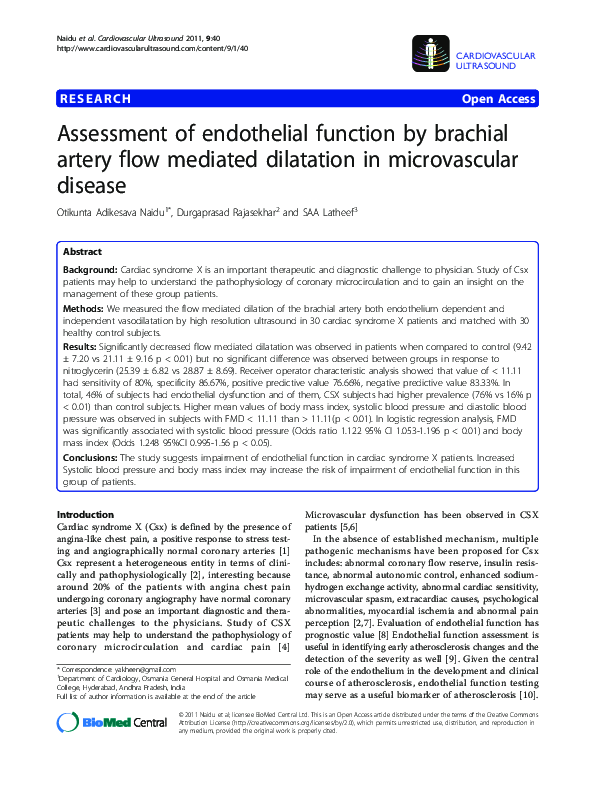 (PDF) Assessment of endothelial function by brachial artery flow ...
