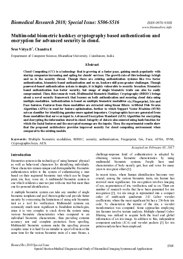 Pdf Multimodal Biometric Hashkey Cryptography Based Authentication And Encryption For Advanced