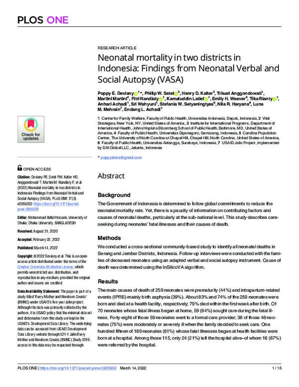 (PDF) Neonatal mortality in two districts in Indonesia: Findings from ...