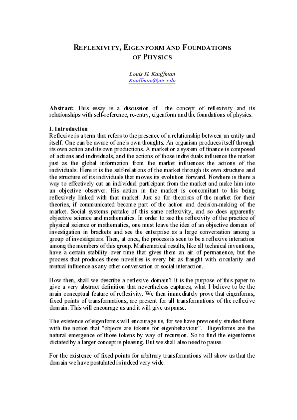 (PDF) Reflexivity , Eigenform and Foundations of Physics