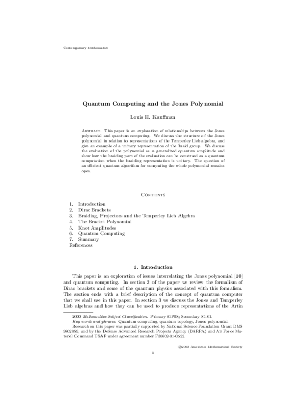 (PDF) Contemporary Mathematics Quantum Computing and the Jones Polynomial