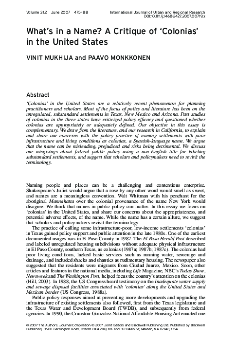 (PDF) What?s in a Name? A Critique of ?Colonias? in the United States
