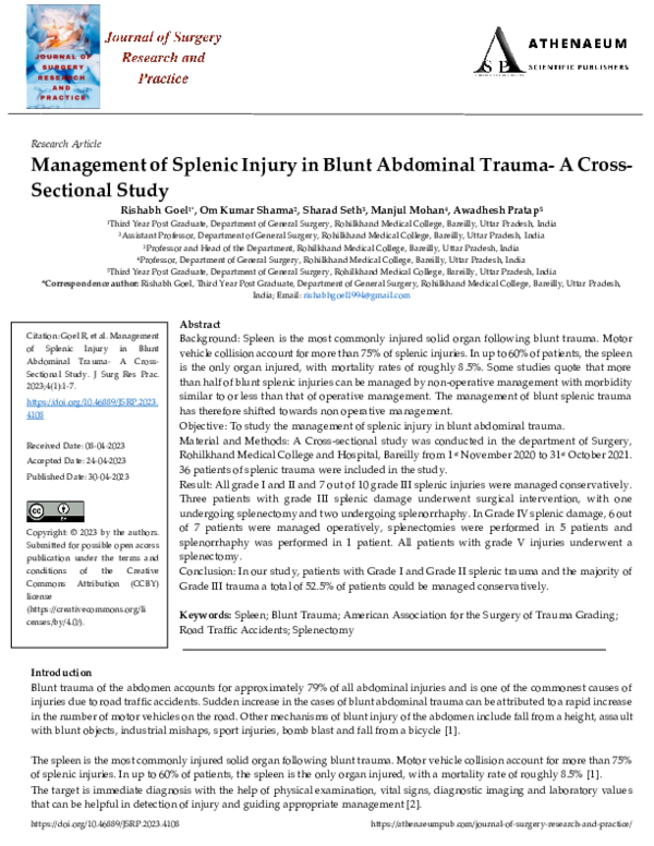 (PDF) Management of Splenic Injury in Blunt Abdominal Trauma-A Cross ...