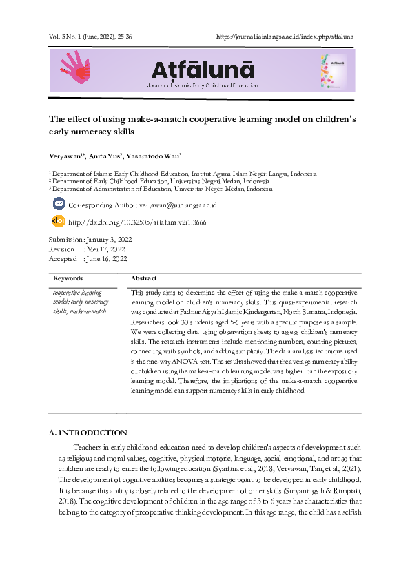 (PDF) The effect of using make-a-match cooperative learning model on children's early numeracy ...
