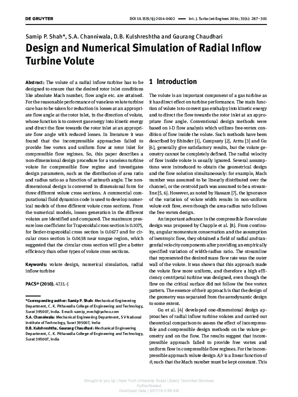 (PDF) Design and Numerical Simulation of Radial Inflow Turbine Volute