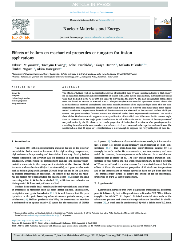 (PDF) Effects of helium on mechanical properties of tungsten for fusion ...