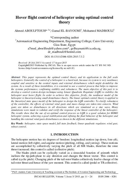 (PDF) Hover flight control of helicopter using optimal control theory