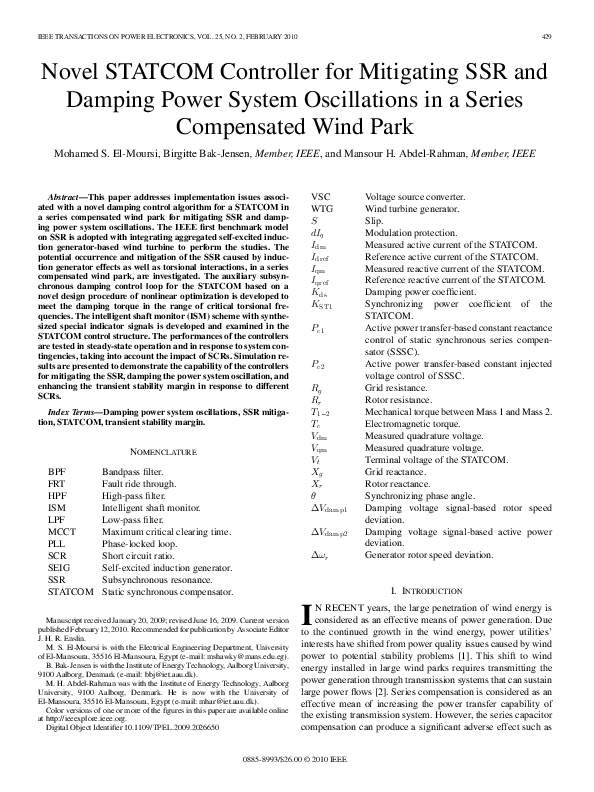 (PDF) Novel STATCOM Controller for Mitigating SSR and Damping Power System Oscillations in a ...