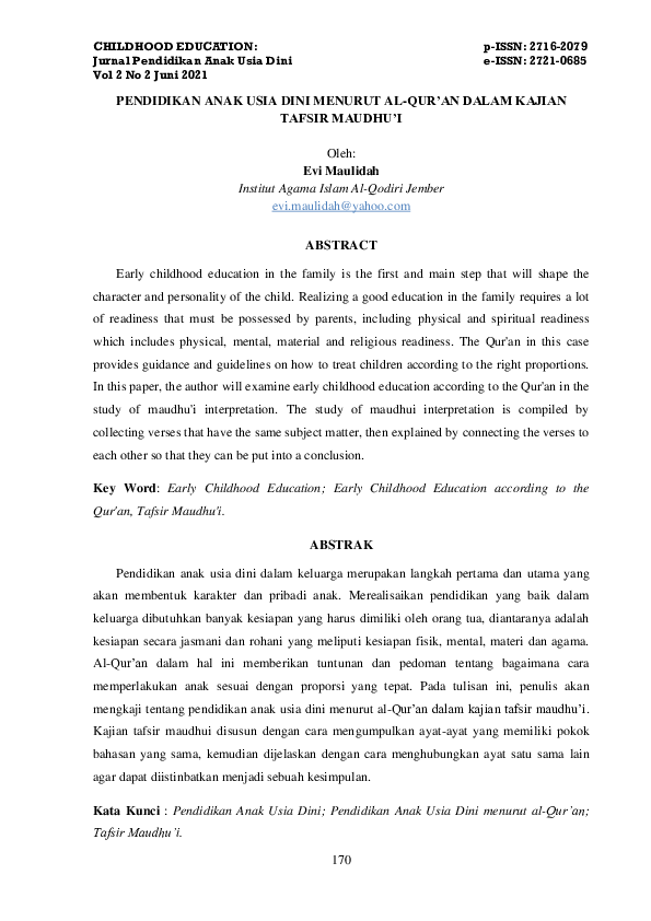 (PDF) Pendidikan Anak Usia Dini Menurut Al-Qur’an Dalam Kajian Tafsir Maudhu’i
