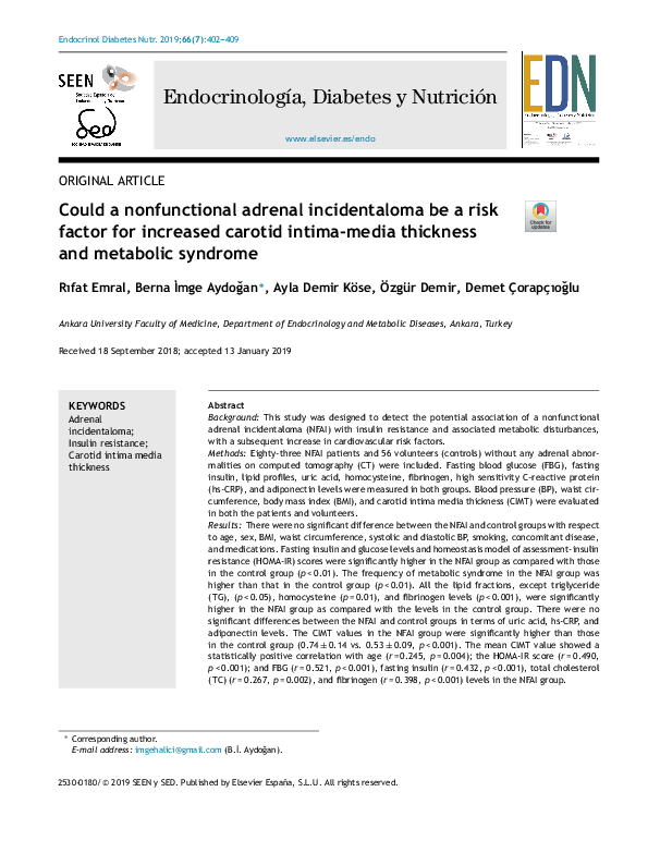 (PDF) Non-functional Adrenal Incidentalomas and Metabolic Risks