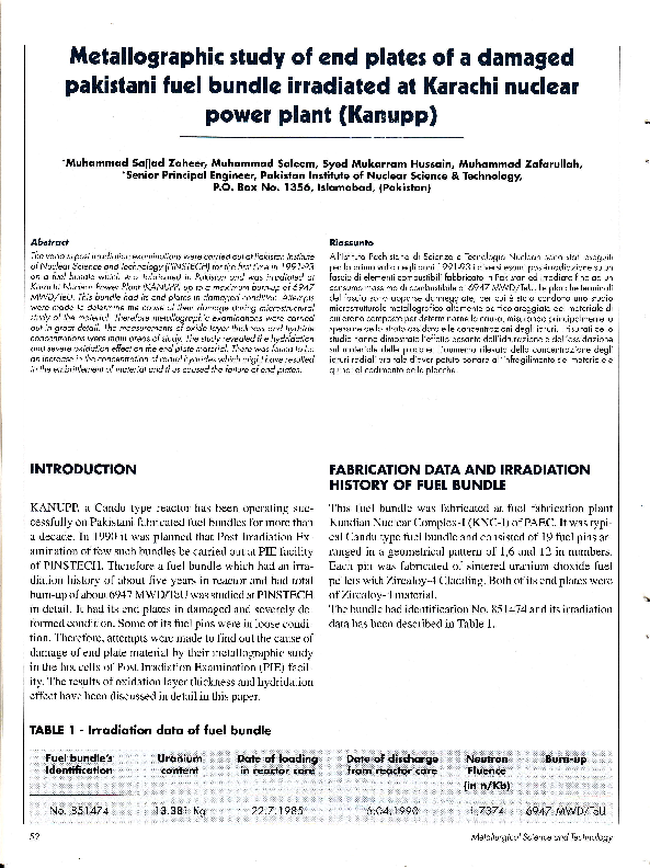 (PDF) Metallographic study of end plates of a damaged Pakistani fuel ...