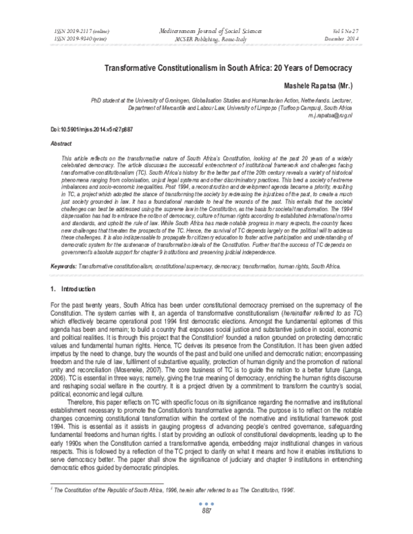 (PDF) Transformative Constitutionalism in South Africa: 20 Years of Democracy
