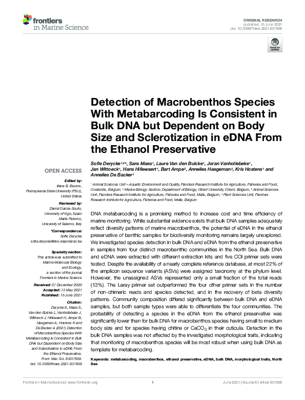 Detection of Macrobenthos Species With Metabarcoding Is Consistent in ...