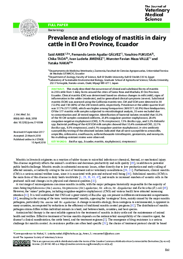 (PDF) Prevalence and etiology of mastitis in dairy cattle in El Oro ...