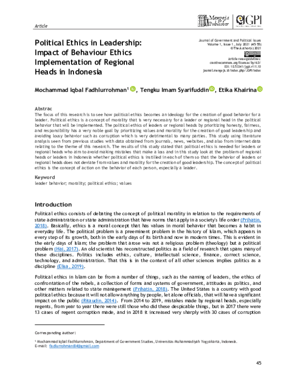 (PDF) Political Ethics in Leadership: Impact of Behaviour Ethics Implementation of Regional ...