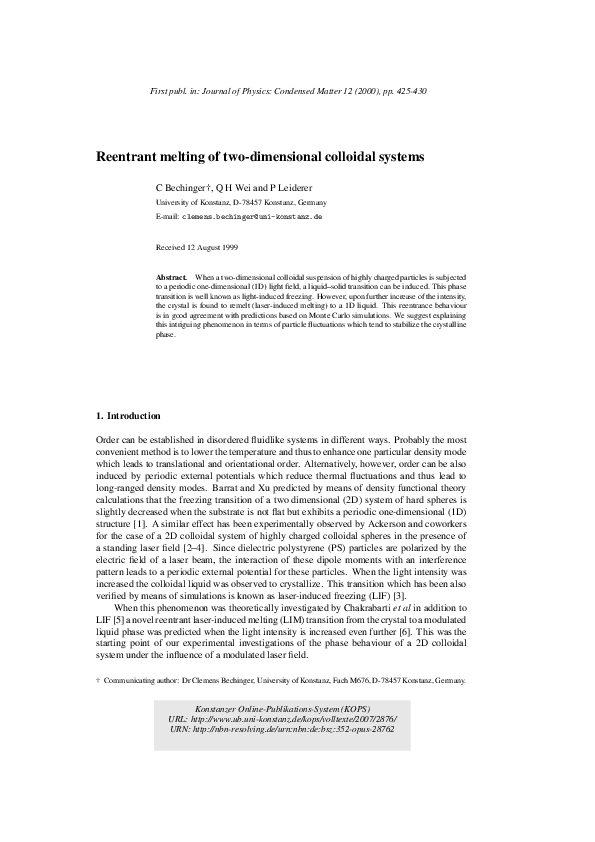 (PDF) Reentrant melting of two-dimensional colloidal systems