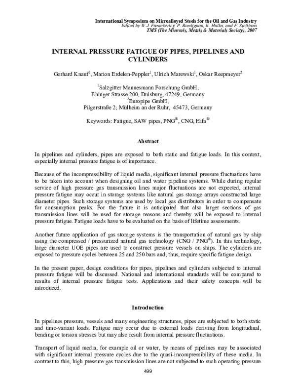 (PDF) Internal Pressure Fatigue of Pipes, Pipelines and Cylinders