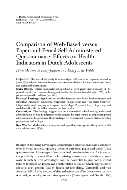 (PDF) Comparison of Web-Based versus Paper-and-Pencil Self-Administered Questionnaire: Effects ...