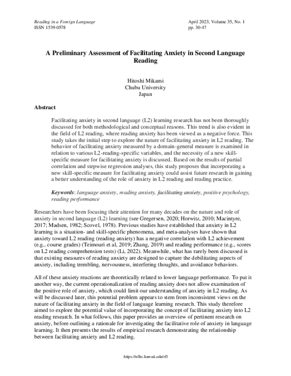 (PDF) A Preliminary Assessment of Facilitating Anxiety in Second ...