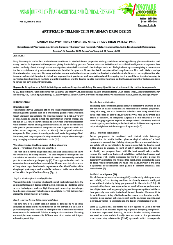 (PDF) ARTIFICIAL INTELLIGENCE IN PHARMACY DRUG DESIGN