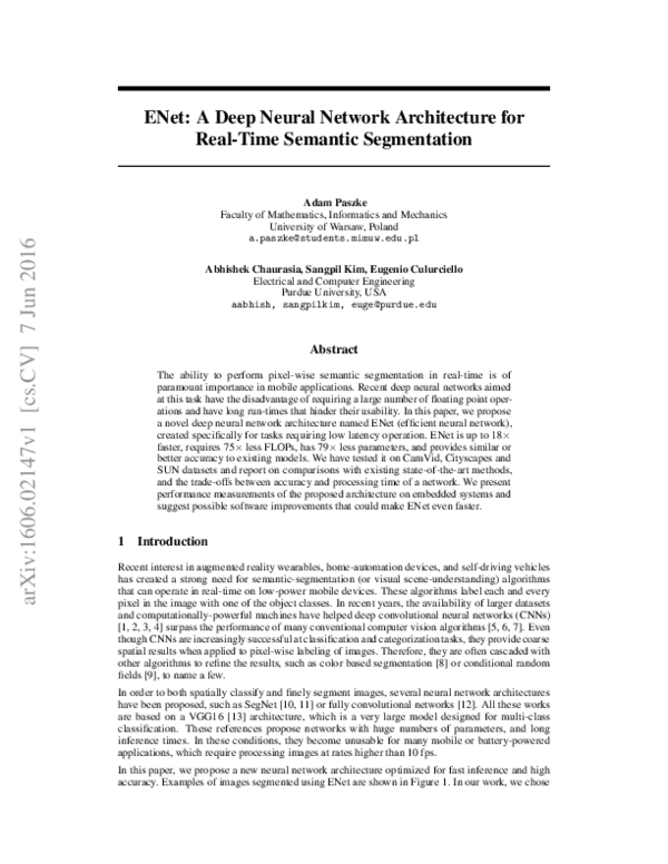 Pdf Enet A Deep Neural Network Architecture For Real Time Semantic