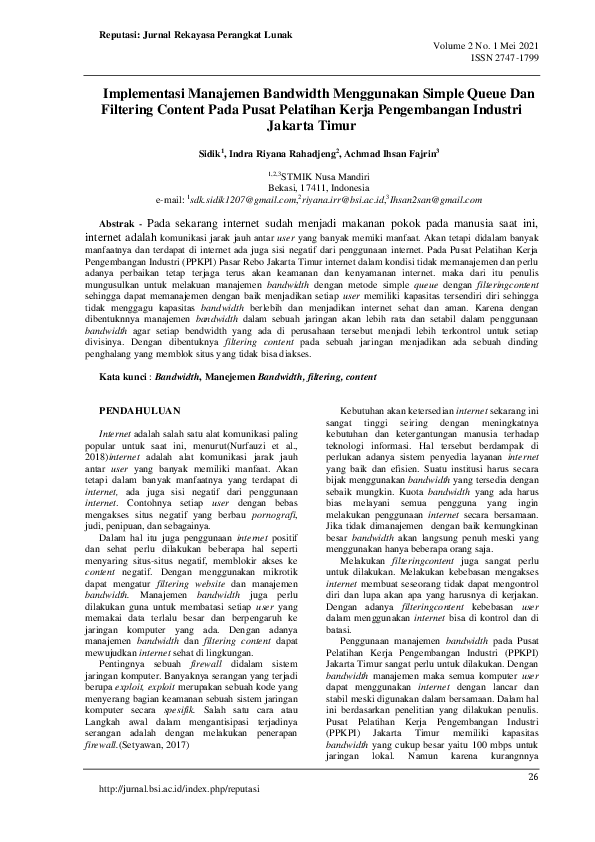 (PDF) Implementasi Manajemen Bandwidth Menggunakan Simple Queue Dan Filtering Content Pada Pusat ...