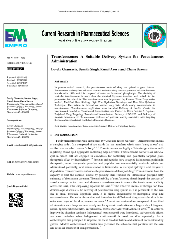 (PDF) Transferosome: A SuitableDelivery System for Percutaneous ...