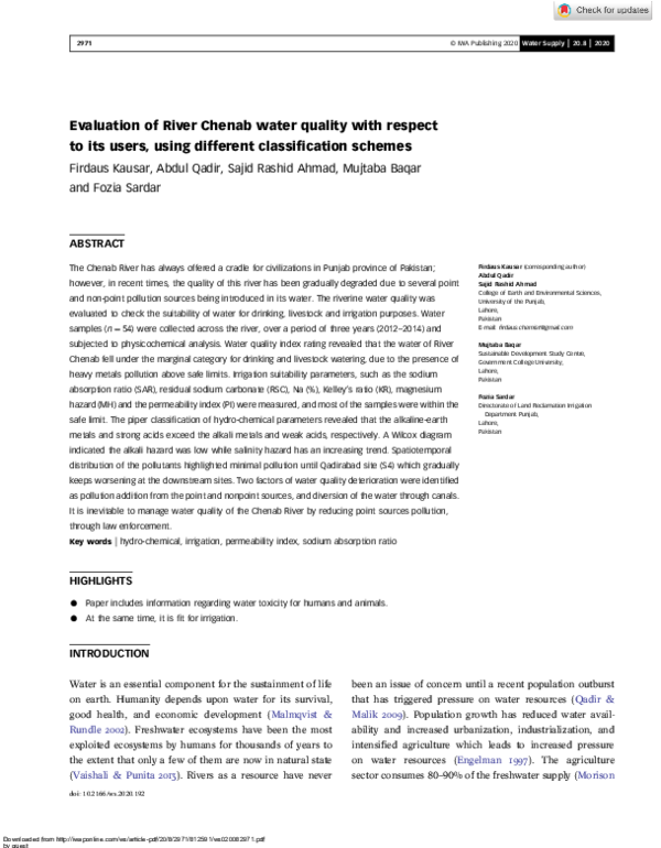 (PDF) Evaluation of River Chenab water quality with respect to its users, using different ...