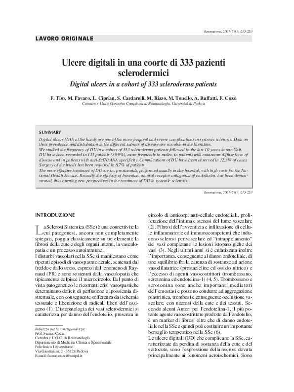 (PDF) Digital ulcers in a cohort of 333 scleroderma patients | F. Cozzi ...