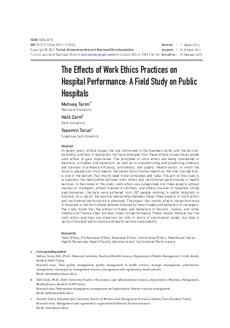 (PDF) The Effects of Work Ethics Practices on Hospital Performance: A ...
