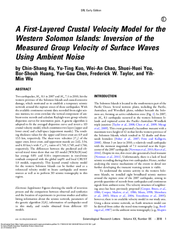 (PDF) A First‐Layered Crustal Velocity Model for the Western Solomon Islands: Inversion of the ...