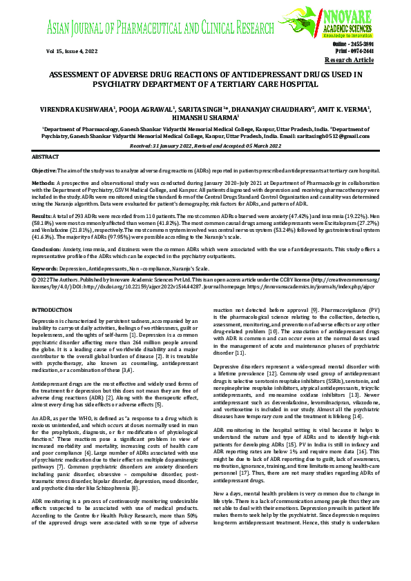 (PDF) ASSESSMENT OF ADVERSE DRUG REACTIONS OF ANTIDEPRESSANT DRUGS USED ...