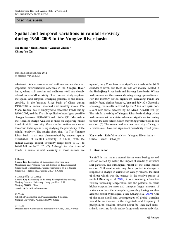 Spatial and temporal variations in rainfall erosivity during 1960–2005 in the Yangtze River basin