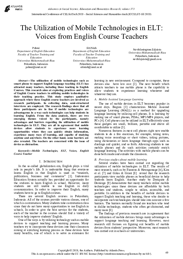 (PDF) The Utilization of Mobile Technologies in ELT: Voices from ...
