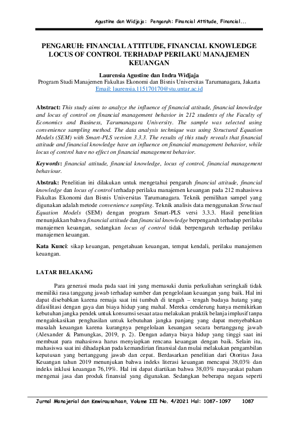 (PDF) Pengaruh: Financial Attitude, Financial Knowledge Locus Of ...