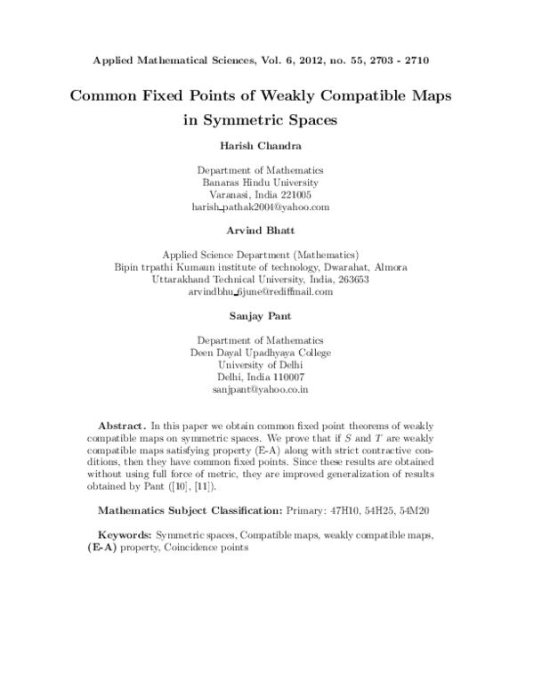 Pdf Common Fixed Points Of Weakly Compatible Maps In Symmetric Spaces Drarvind Bhatt