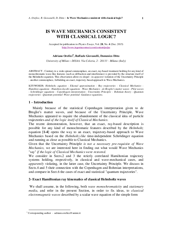 (PDF) Is wave mechanics consistent with classical logic?