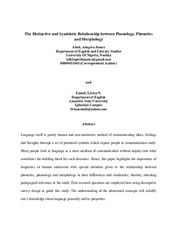 (PDF) The Distinctive and Symbiotic Relationship between Phonology ...