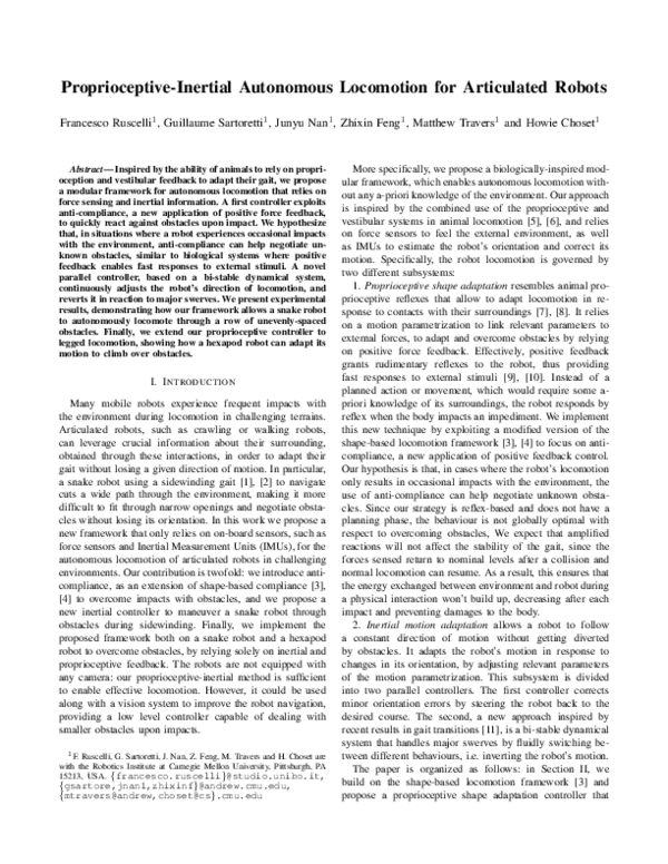 Pdf Proprioceptive Inertial Autonomous Locomotion For Articulated Robots
