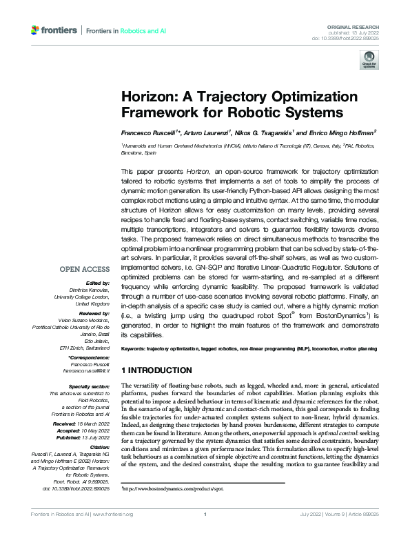 (PDF) Horizon: A Trajectory Optimization Framework for Robotic Systems