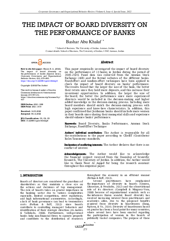 (PDF) The impact of board diversity on the performance of banks