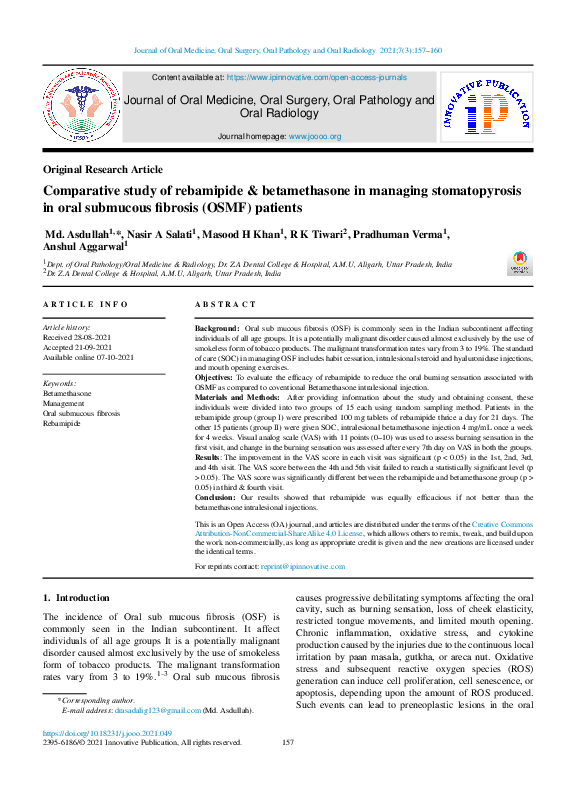 (PDF) Comparative study of rebamipide betamethasone in managing stomatopyrosis in oral submucous ...