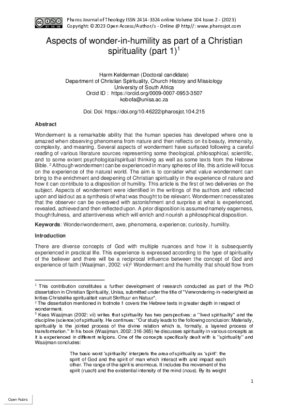 (PDF) Aspects of wonder-in-humility as part of a Christian spirituality ...