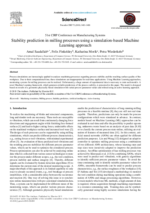 (PDF) Stability prediction in milling processes using a simulation-based Machine Learning approach
