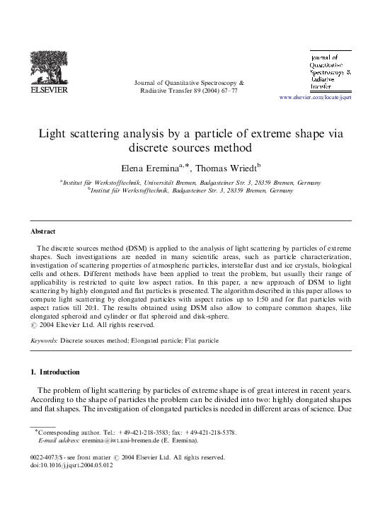 (PDF) Light scattering analysis by a particle of extreme shape via discrete sources method