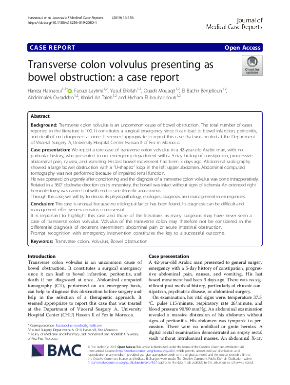 Transverse colon volvulus presenting as bowel obstruction: a case report
