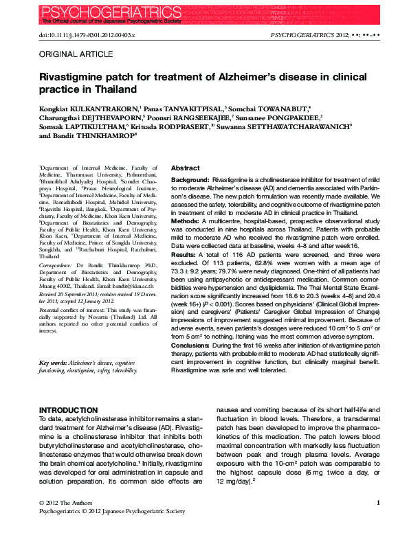 (PDF) Rivastigmine patch for treatment of Alzheimer's disease in ...
