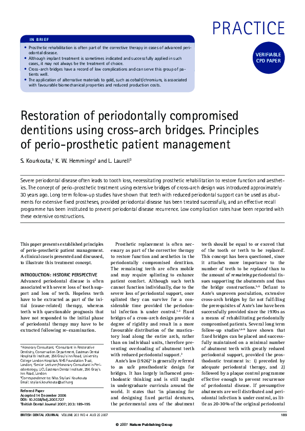 (PDF) Restoration of periodontally compromised dentitions using cross ...