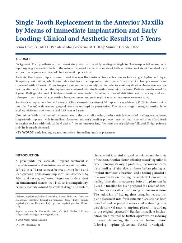 (PDF) Single-Tooth Replacement in the Anterior Maxilla by Means of Immediate Implantation and ...