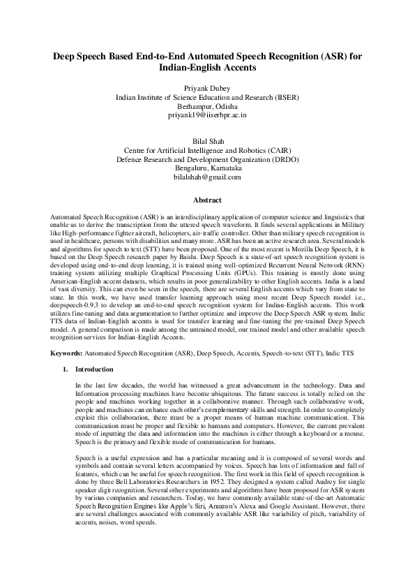 (PDF) Deep Speech Based End-to-End Automated Speech Recognition (ASR) for Indian-English Accents